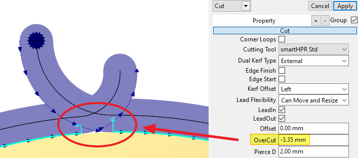 Processing > Cutting > Leads > OverCut and UnderCut